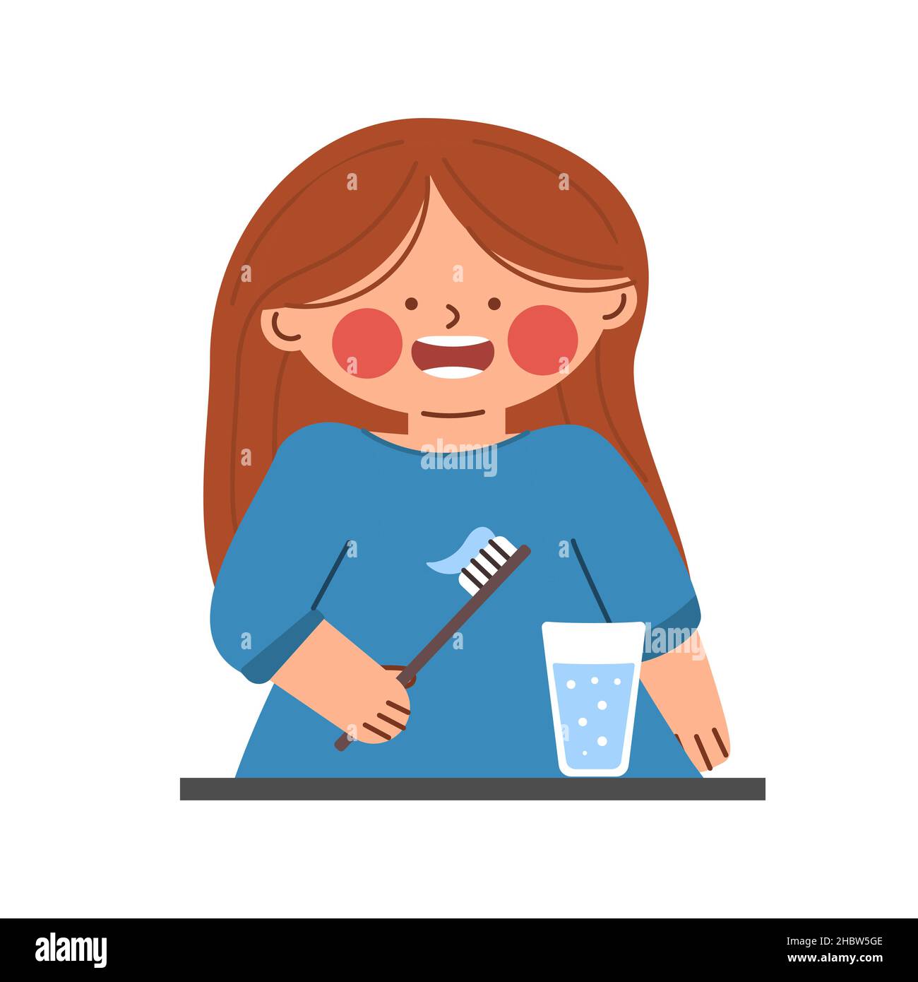 Cute little character teenager girl. Morning routine of hygiene ...