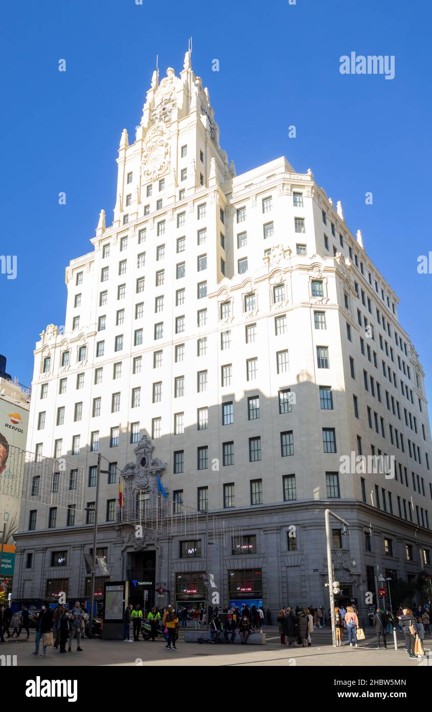 Telefonica Gran Via building, the oldest skyscraper of Madrid Stock ...
