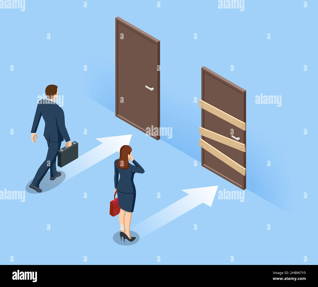 Isometric concept of man is standing in front of three doors and having ...