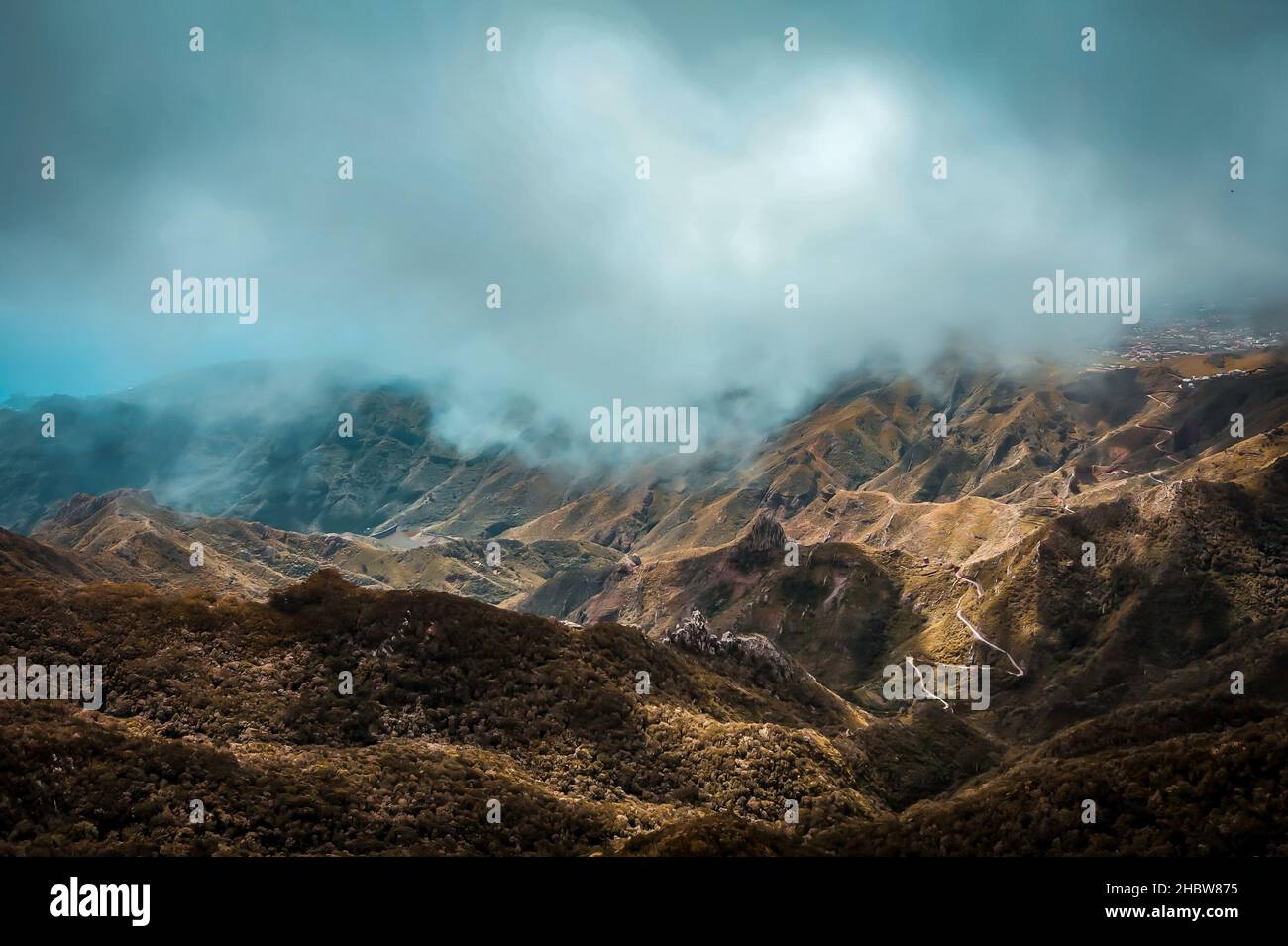 A scenic panorama of misty Anaga Mountains in the northern Tenerife ...
