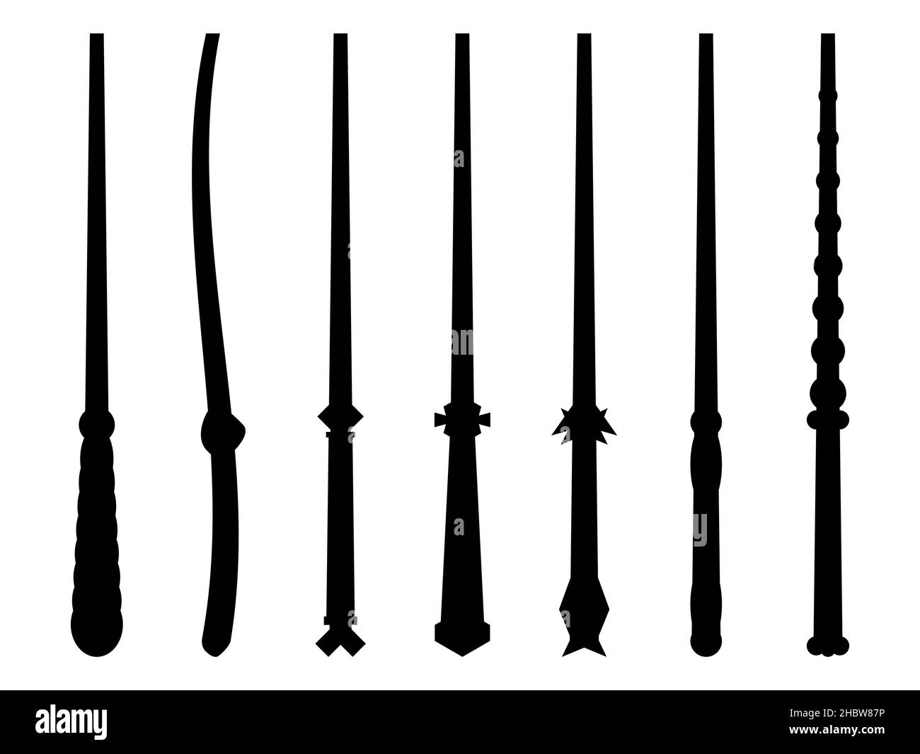 Black outlines of magic wands isolated on white background. Magic wands ...