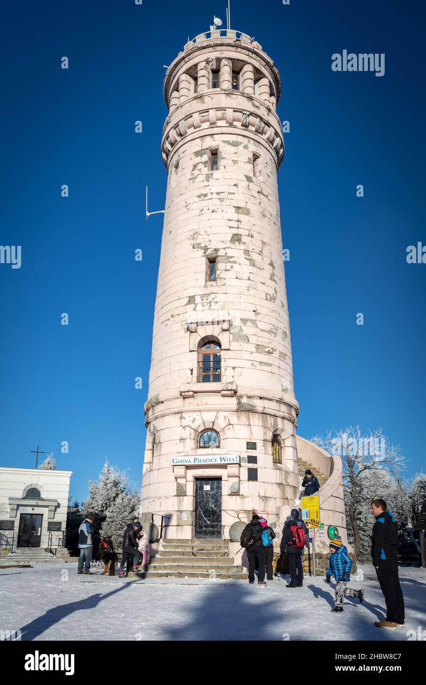 Sokolec, Poland - December 31, 2021 - Tourists in front of the white ...