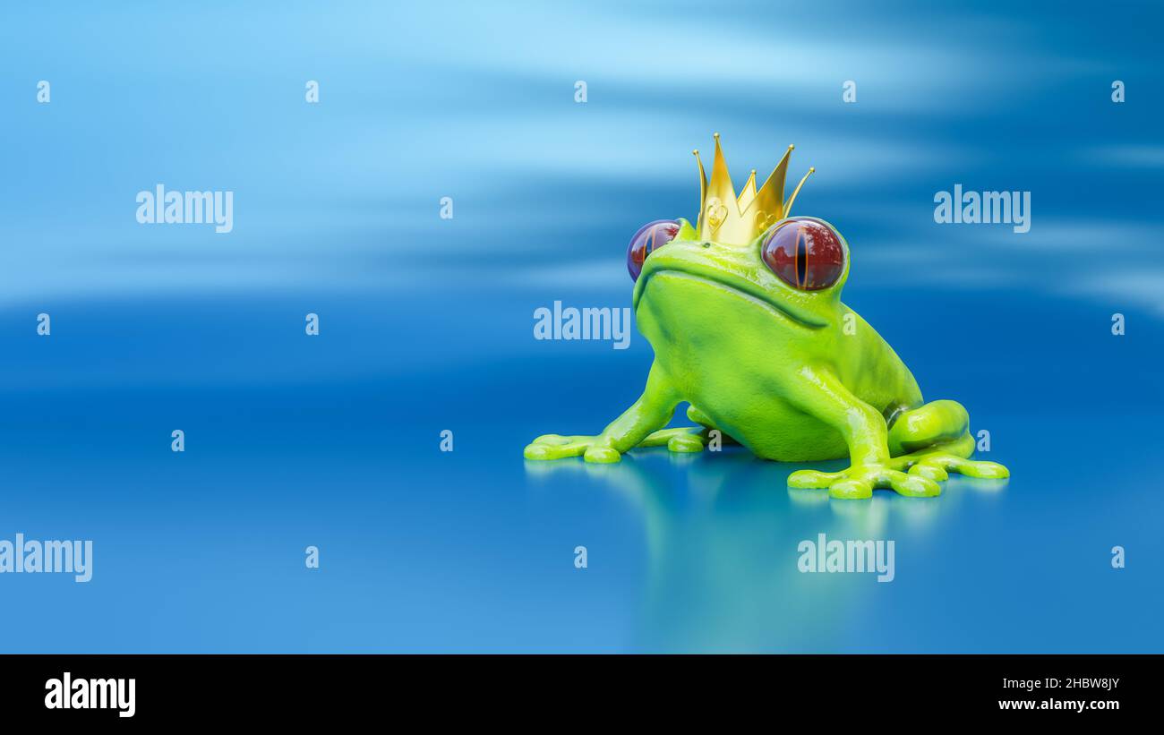 A 3D rendering of the Frog Prince with golden crown on turquoise ...