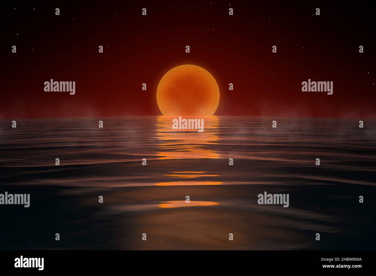 A 3D rendering of a sunset at a science fiction water world planet ...