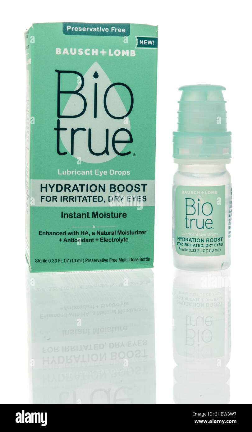Winneconne, WI -14 December 2021: A package of Bausch and lomb bio true ...