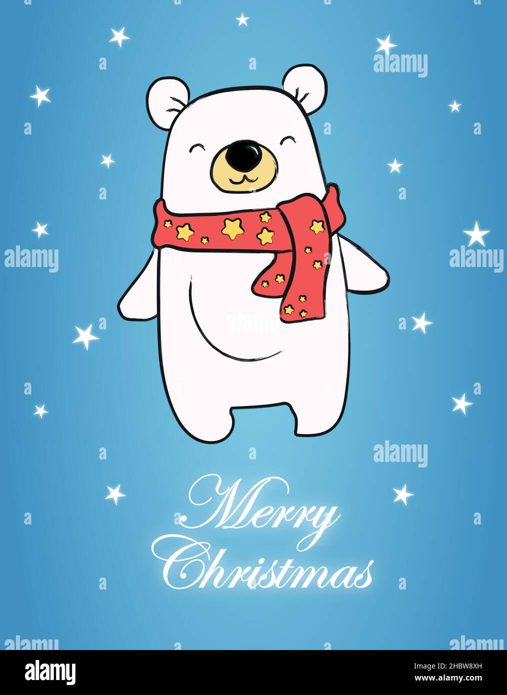 Christmas greeting card of a cute hand drawn polar bear with stars on ...