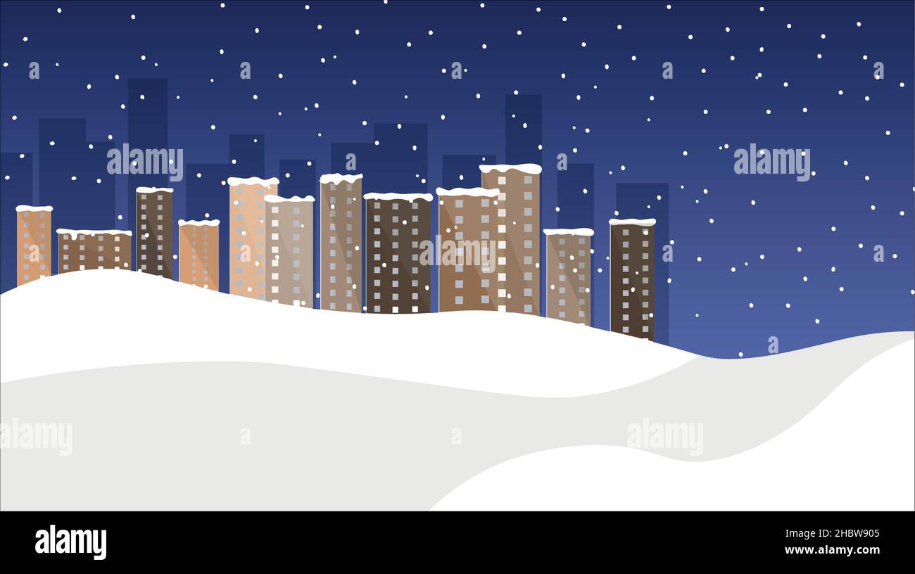 Vector illustration of winter cityscape with snow and modern city ...