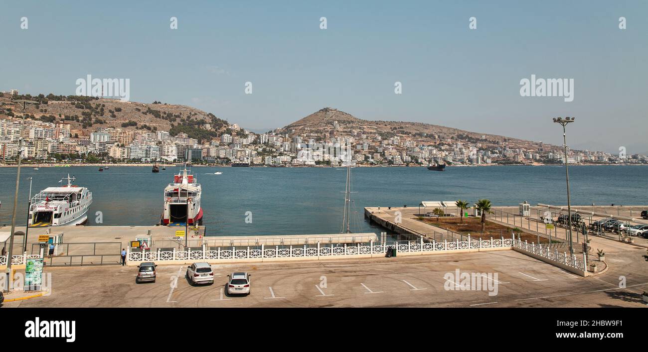 Saranda, Albania - July 29, 2021: Ferry ships moored in passenger port ...