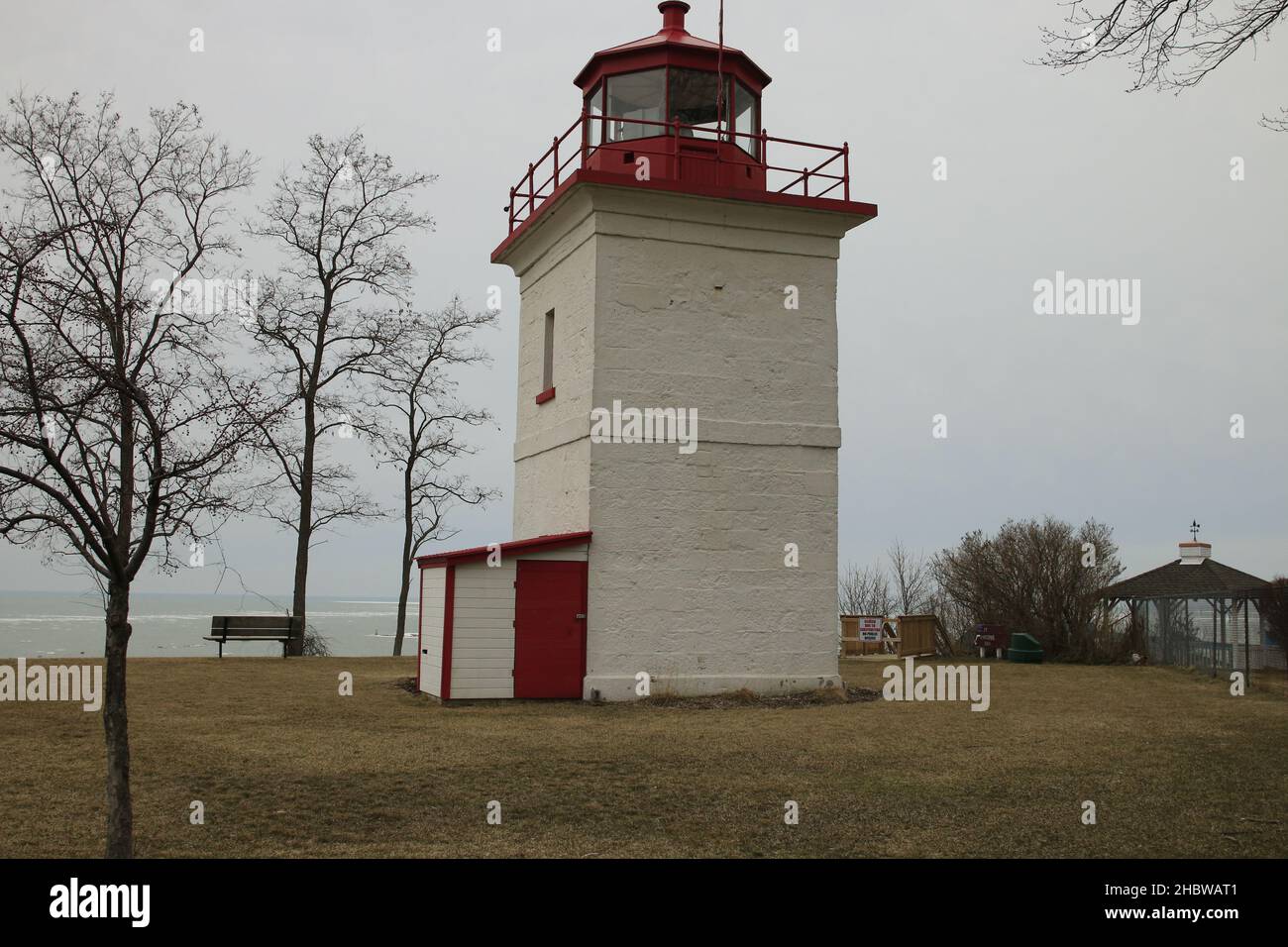 A small white and red lighthouse at the Goderich Main Beach in Canada ...