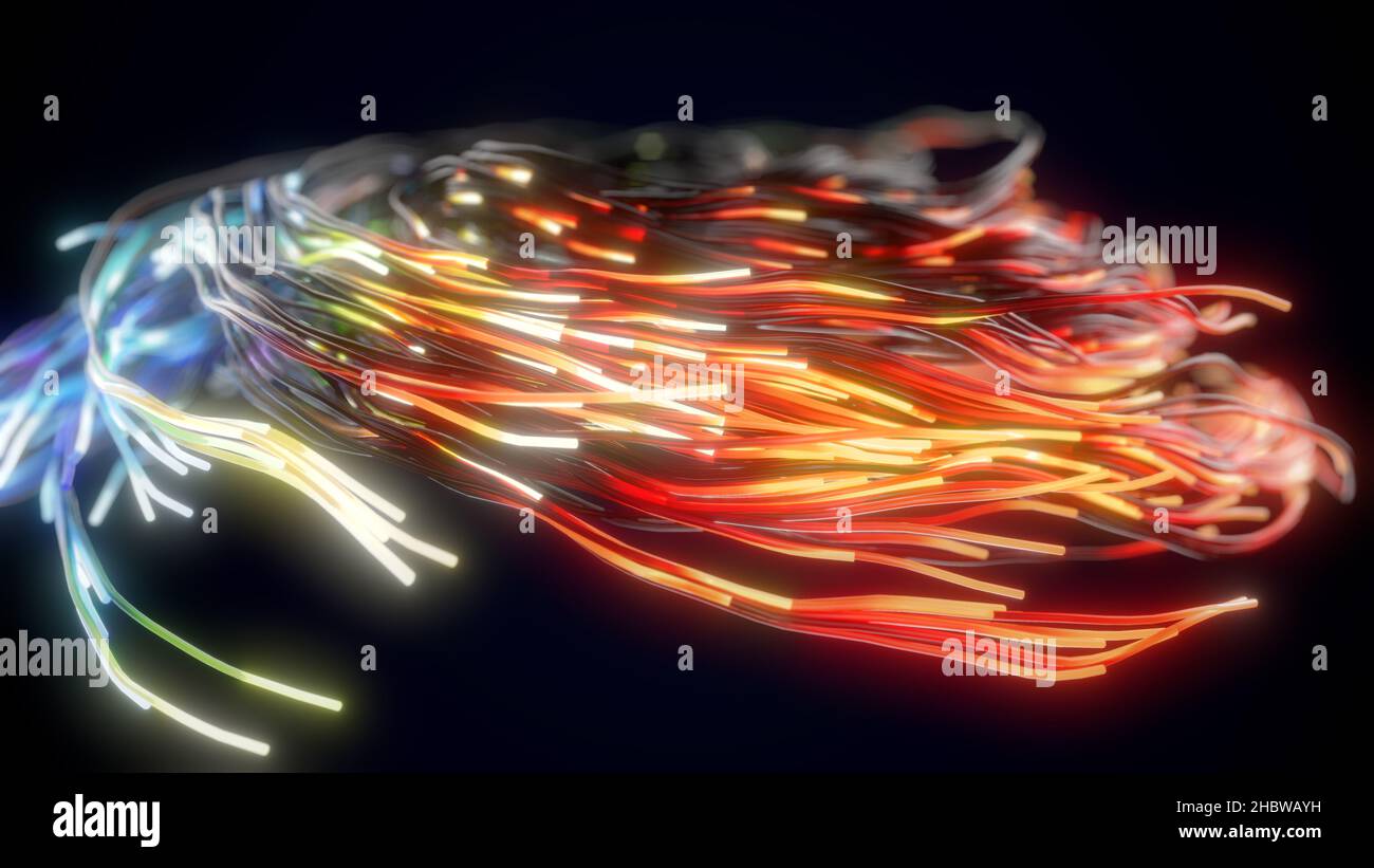 glowing glass trails. fiber optic technology concept with multiple ...