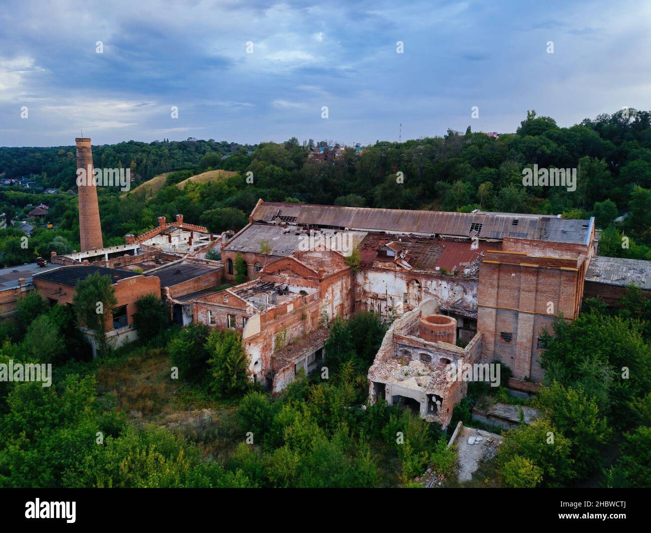 Ruined overgrown abandoned sugar factory in Ramon, aerial view Stock ...