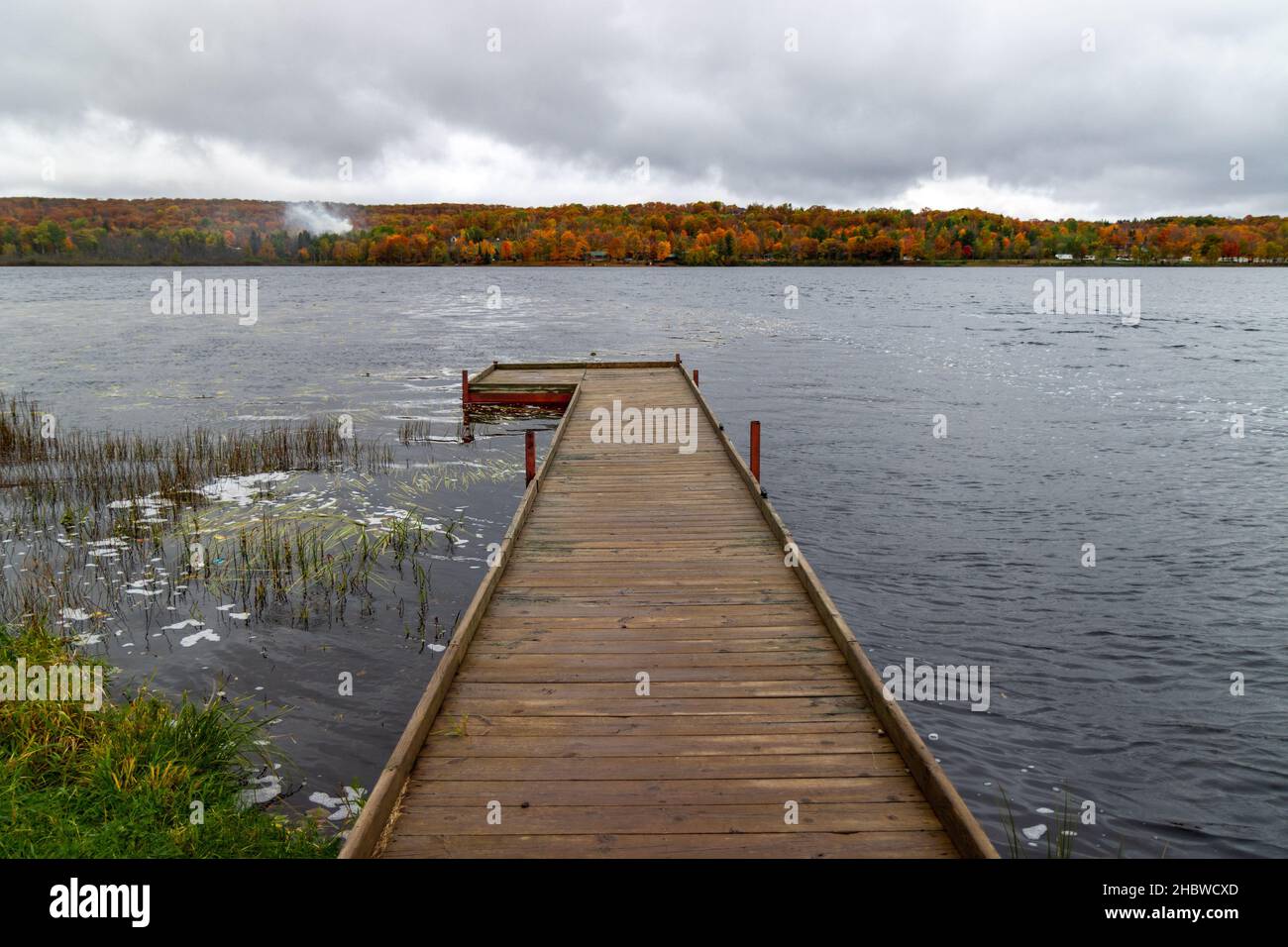 A wooden dock on the Superior lake surrounded by yellowing trees on a ...