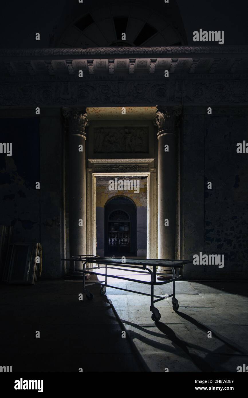 Inside of dark old creepy abandoned hospital at night Stock Photo - Alamy