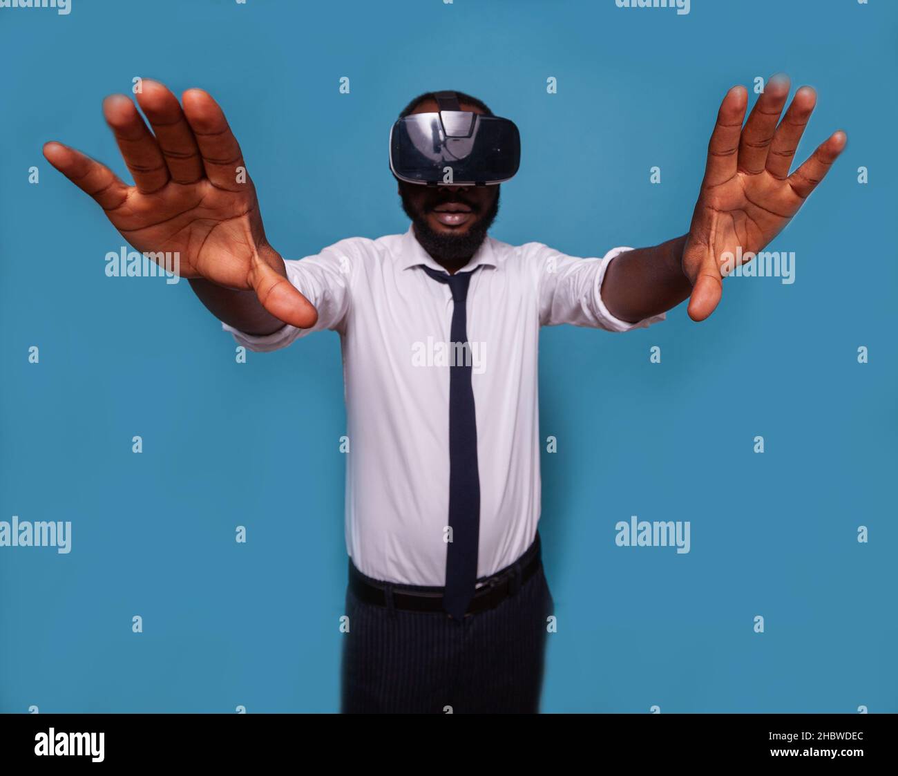 Closeup on hands of man wearing virtual reality goggles in 3d ...