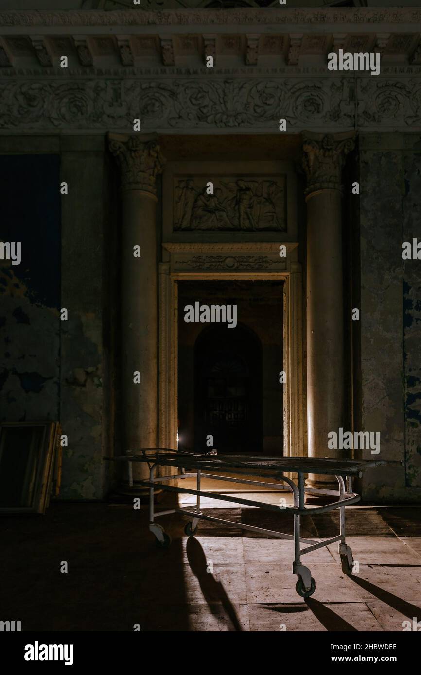 Inside of dark old creepy abandoned hospital at night Stock Photo - Alamy