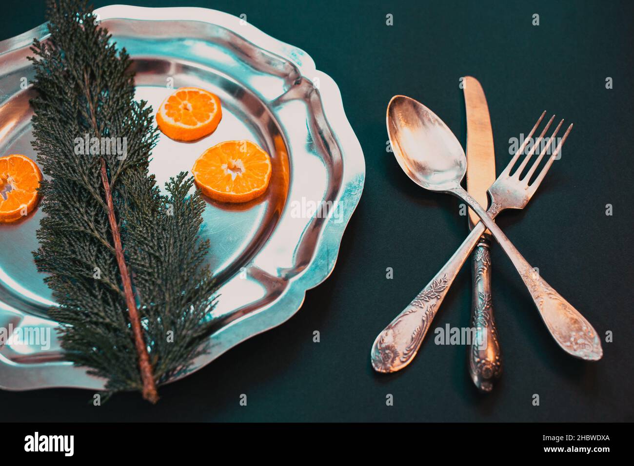 flat lay of festive Christas table arrangement with silverware Stock ...