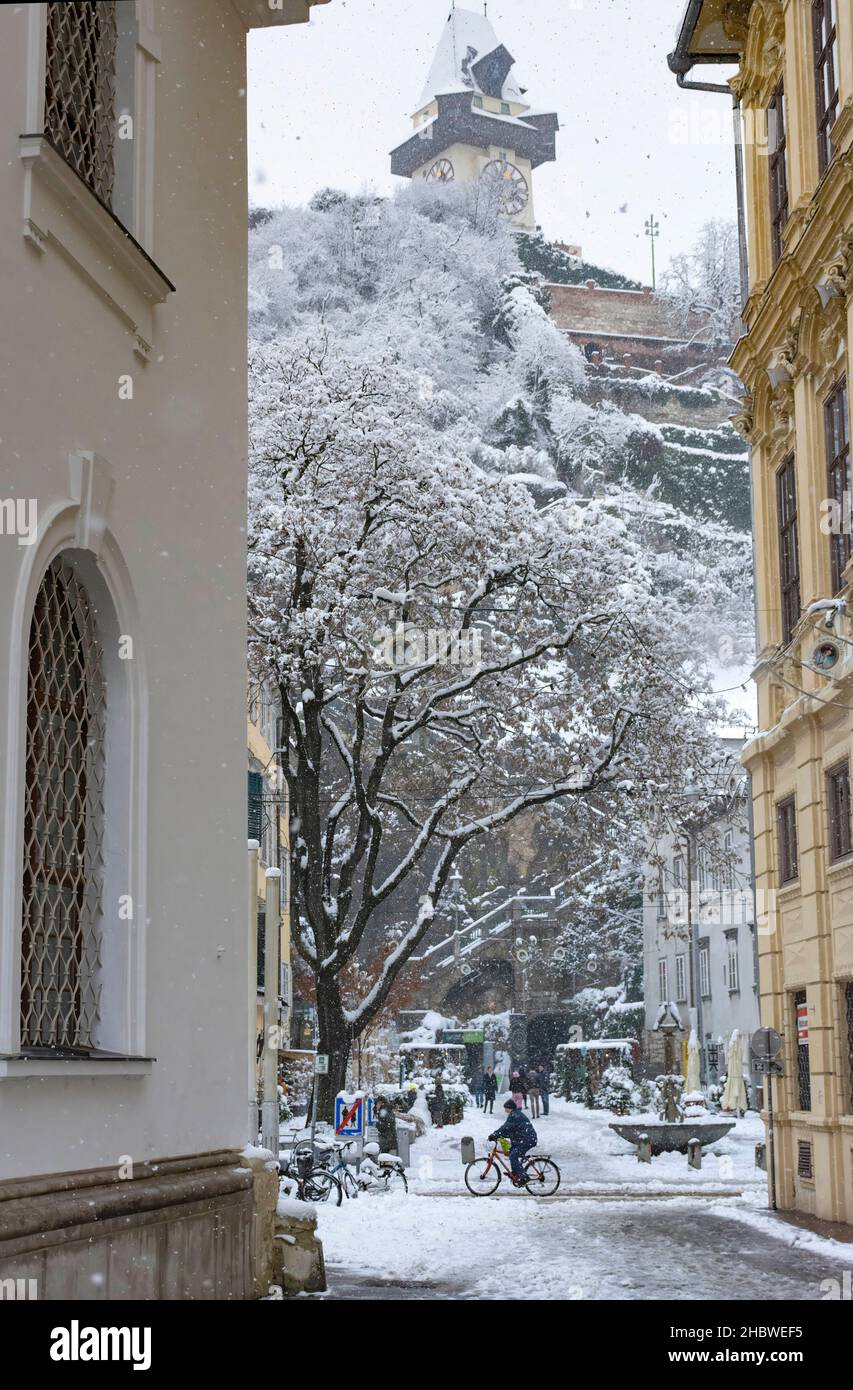 Graz, Austria-December 09, 2021: People walking through heavy snow and ...