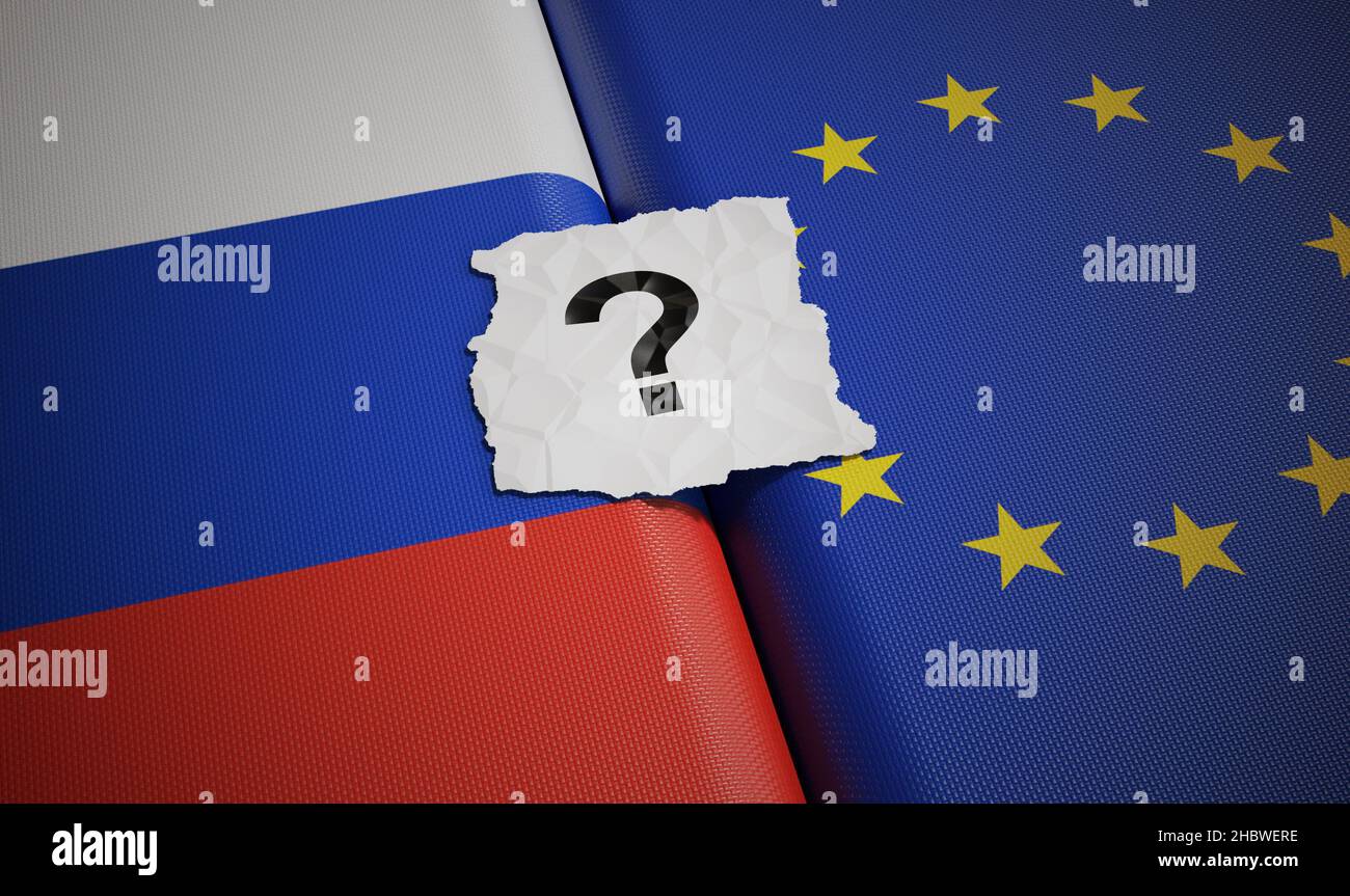 Russia and European Union flags with questionmark. 3D rendered ...
