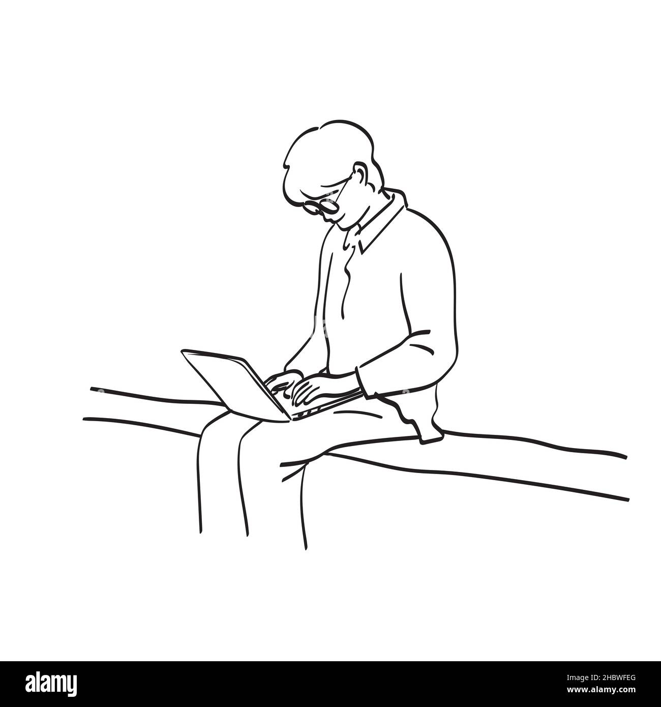 line art man with glasses working on laptop computer outdoors ...