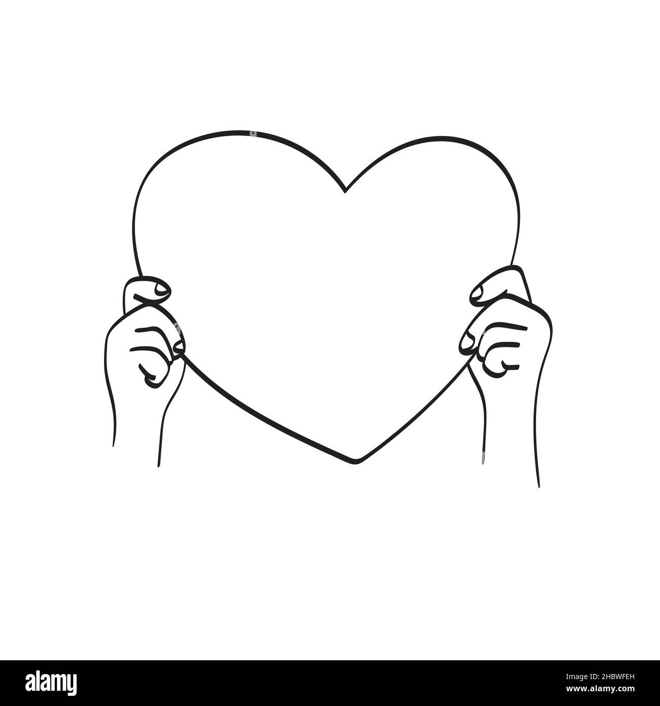 line art closeup hand holding big heart sign illustration vector hand ...