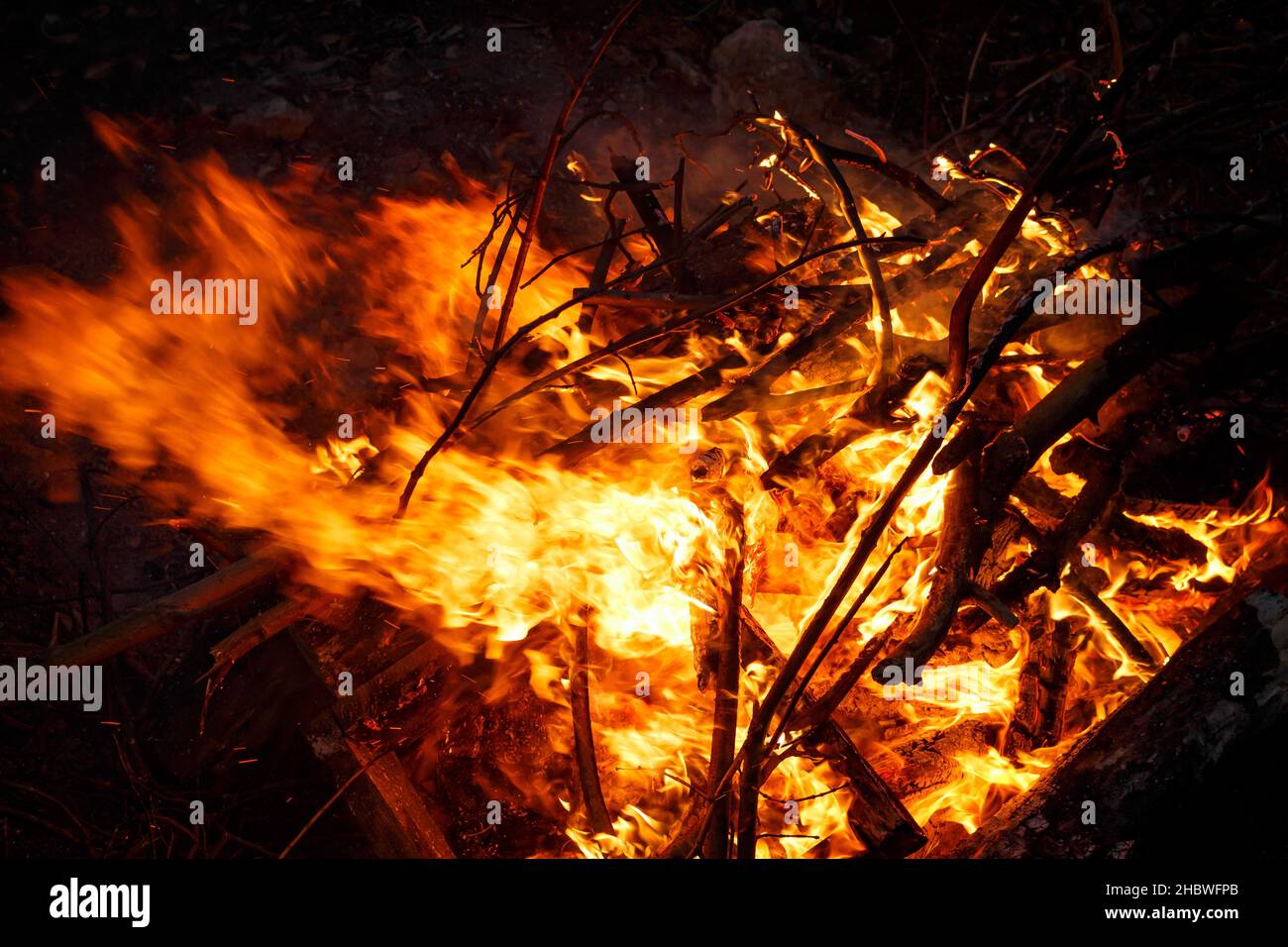 Beautiful night bonfire, colorful fire top view Stock Photo - Alamy