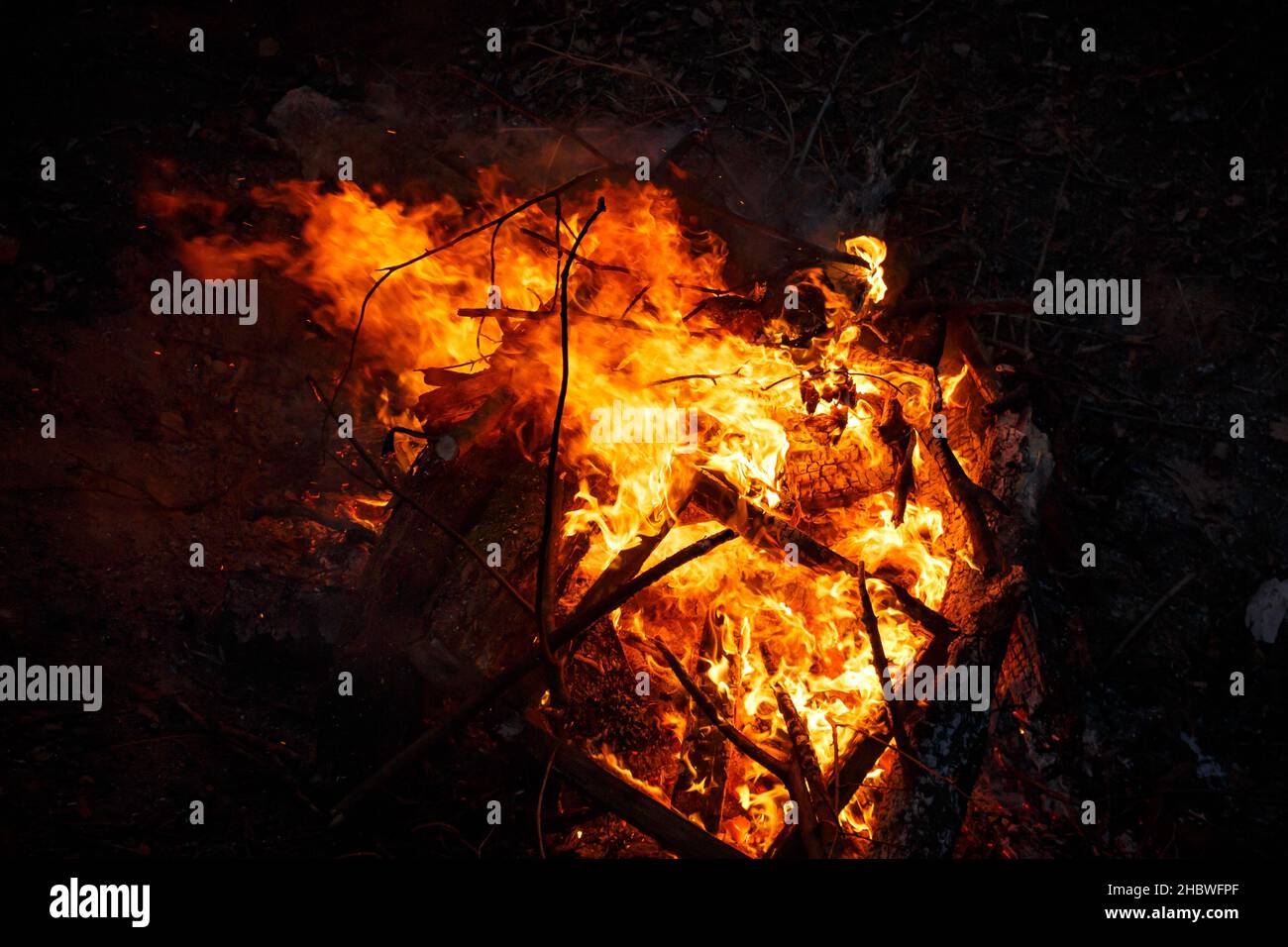Beautiful night bonfire, colorful fire top view Stock Photo - Alamy