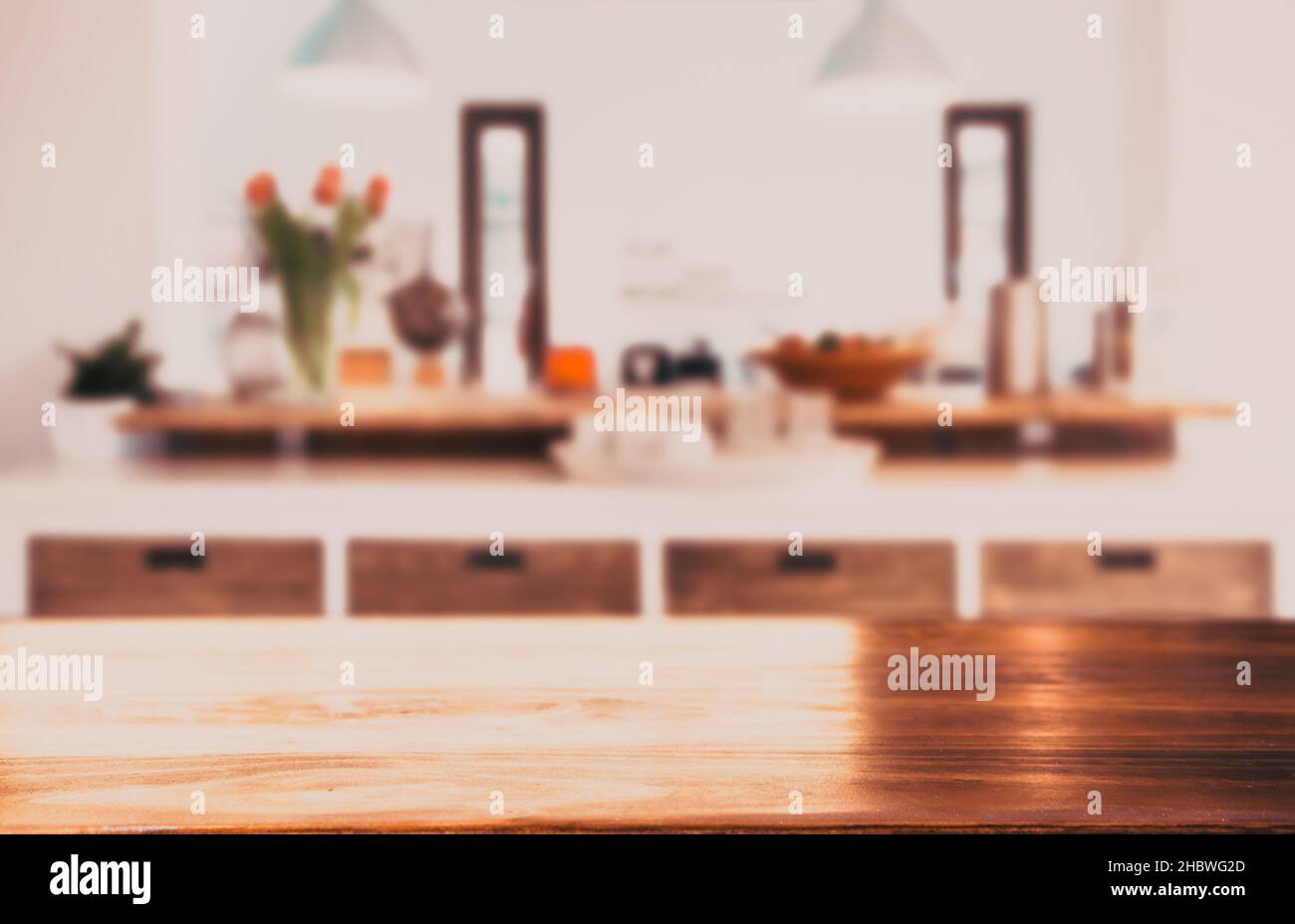 blurred kitchen interior and desk space home background Stock Photo - Alamy