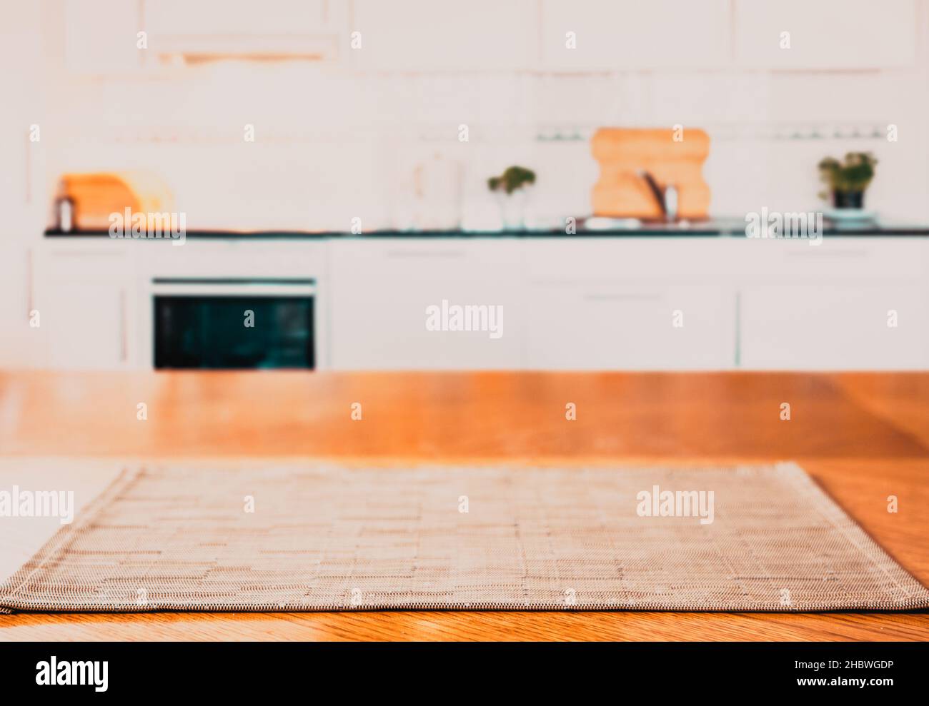 blurred kitchen interior and desk space home background Stock Photo - Alamy