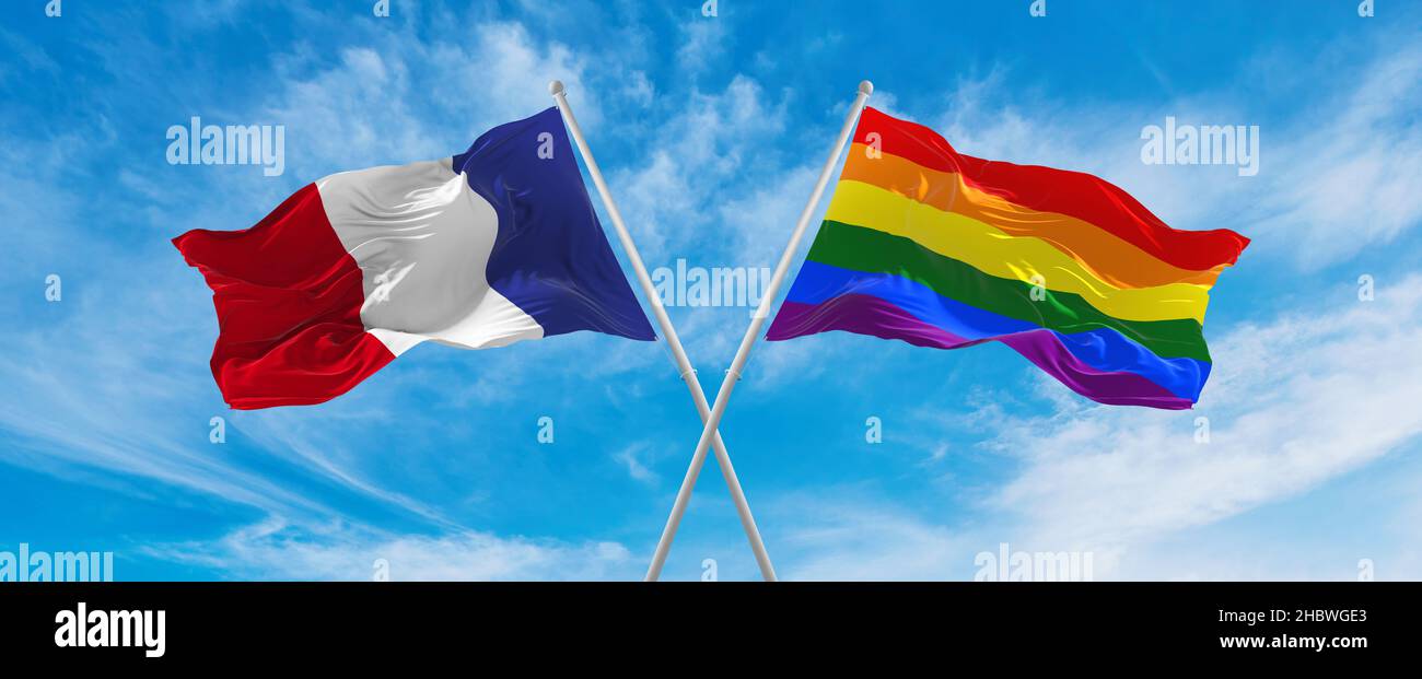 crossed national flags of France and LGBT Pride flag waving in the wind ...