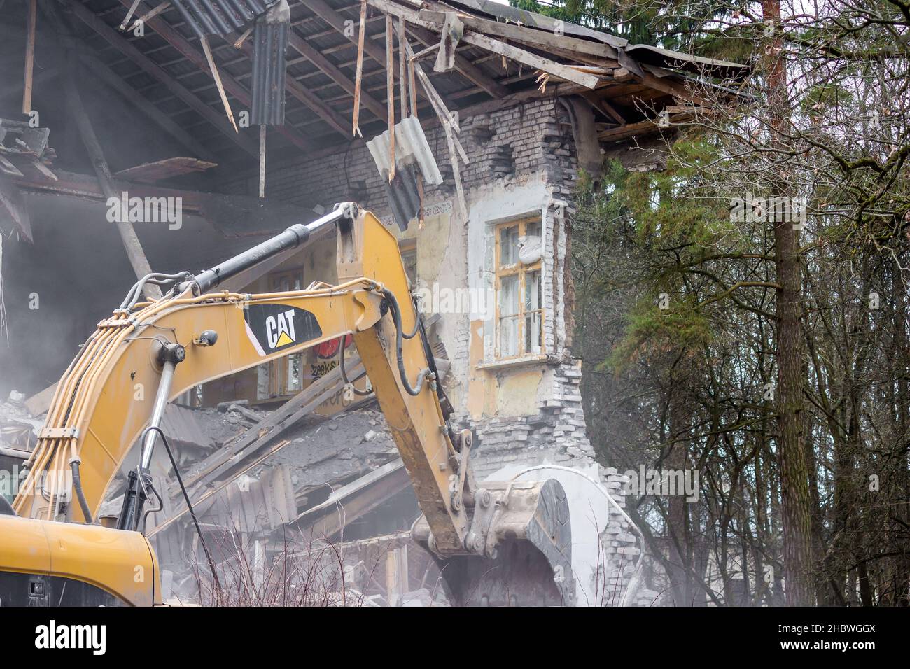 Obninsk, Russia - February 2020: Demolition of an old brick building ...
