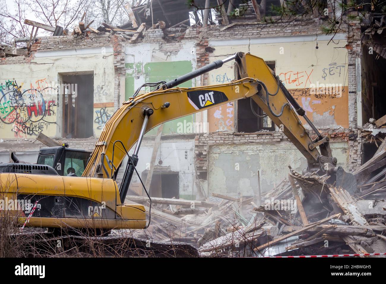 Obninsk, Russia - February 2020: Demolition of an old brick building ...