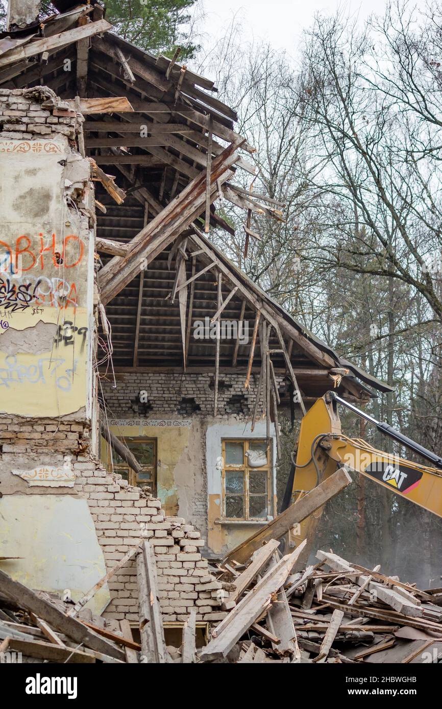 Obninsk, Russia - February 2020: Demolition of an old brick building ...