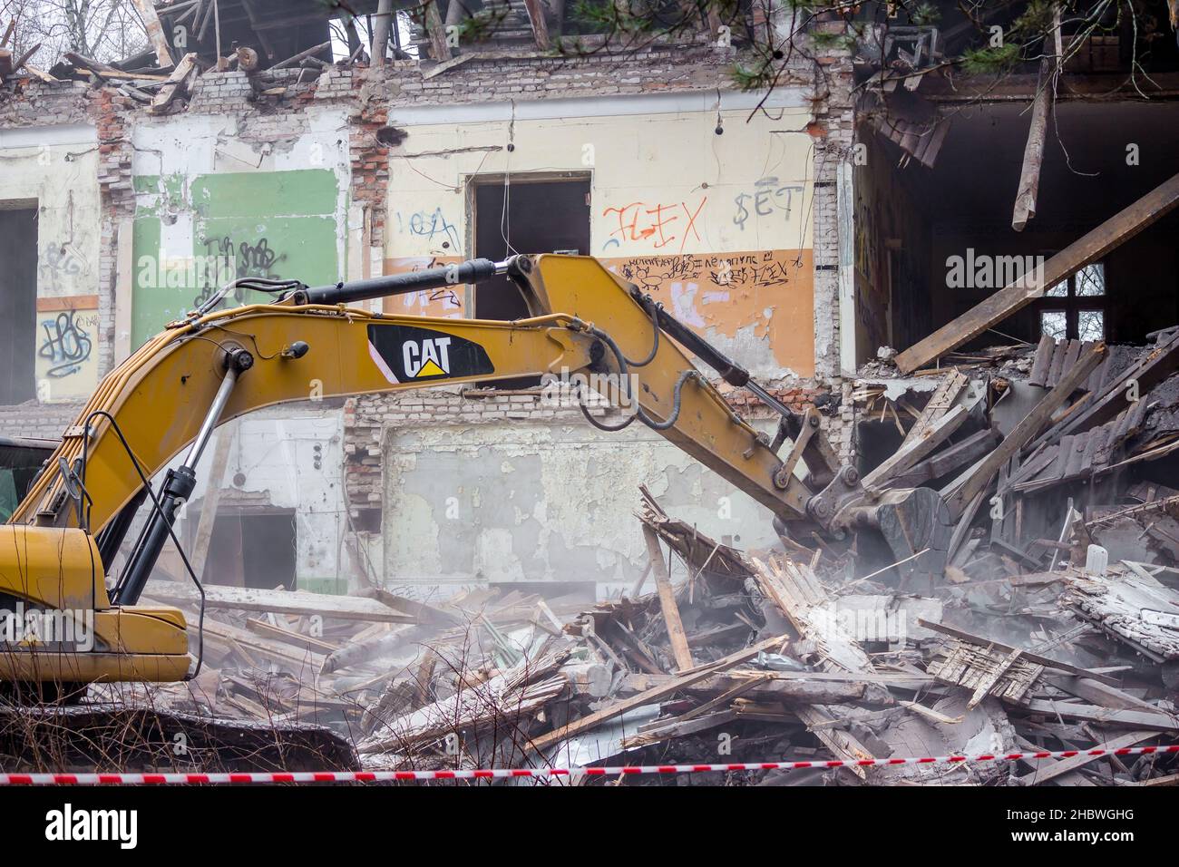Obninsk, Russia - February 2020: Demolition of an old brick building ...