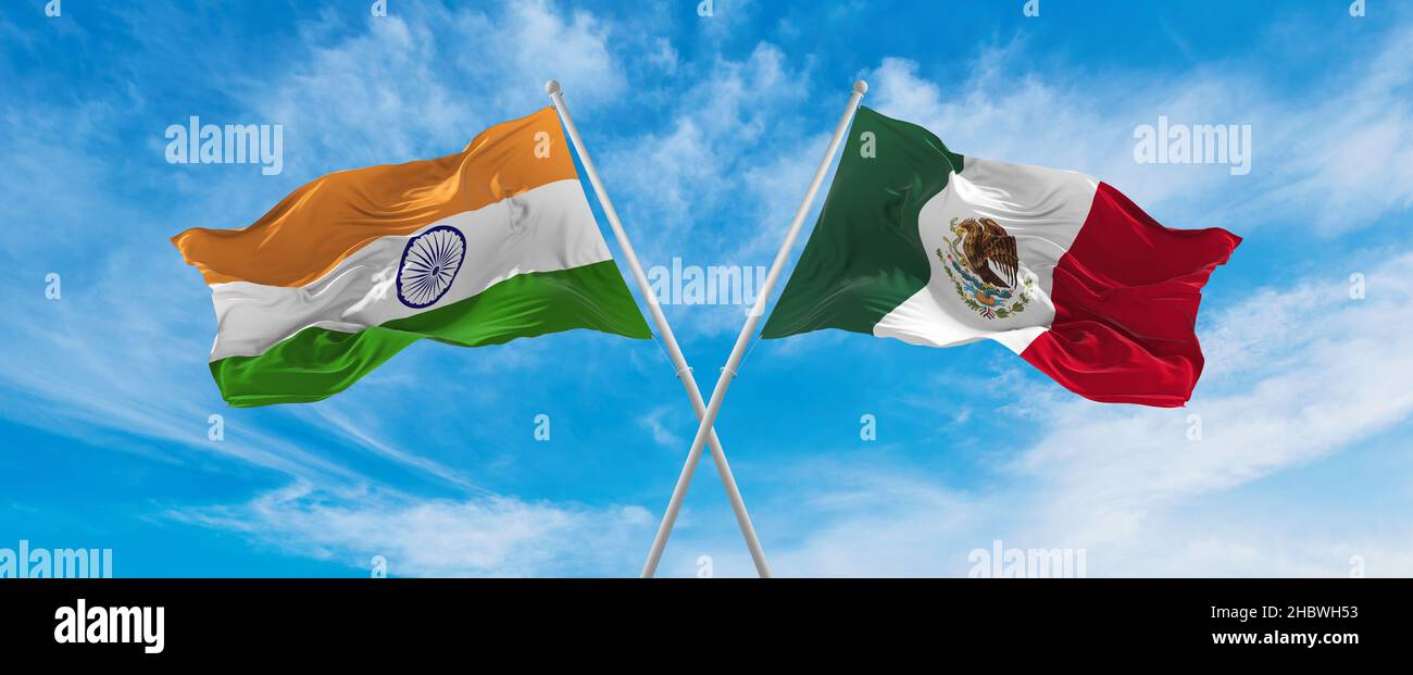 crossed national flags of India and Mexico flag waving in the wind at ...