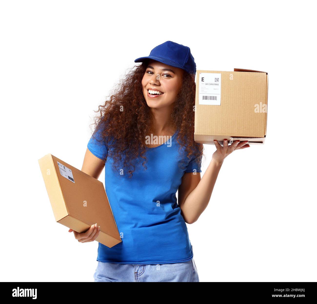 Female African-American courier with parcels on white background Stock ...