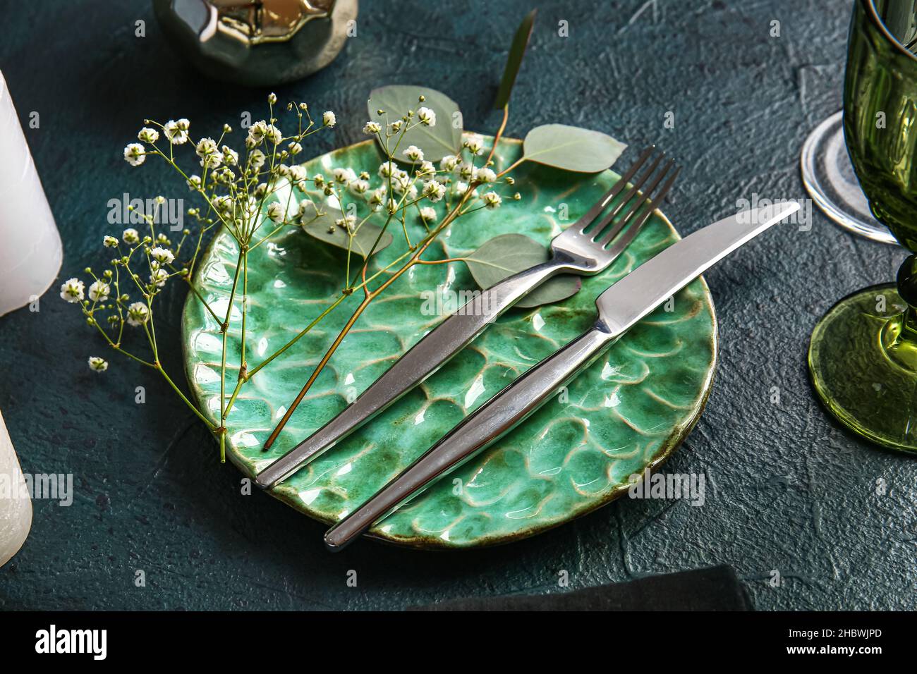 Beautiful table setting for wedding on black background Stock Photo - Alamy