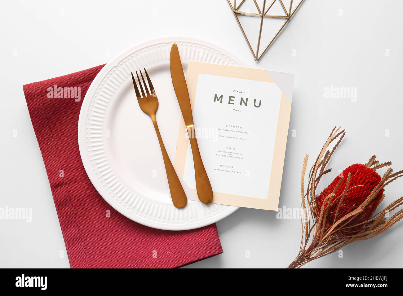 Beautiful table setting for wedding with menu on light background Stock ...