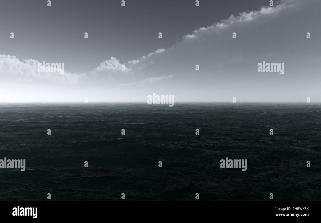 A 3D rendering of a grayscale dystopian empty field with clouds over it ...