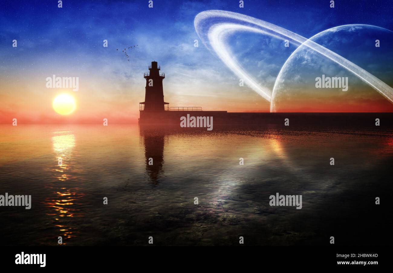 A 3D render of a beautiful sunset over the sea with Saturn visible in ...