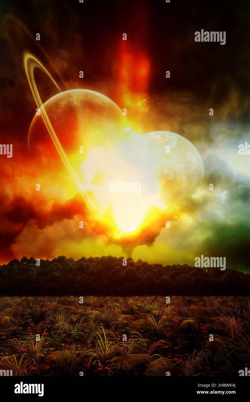 A vertical 2D illustration of two planets crashing together above a ...