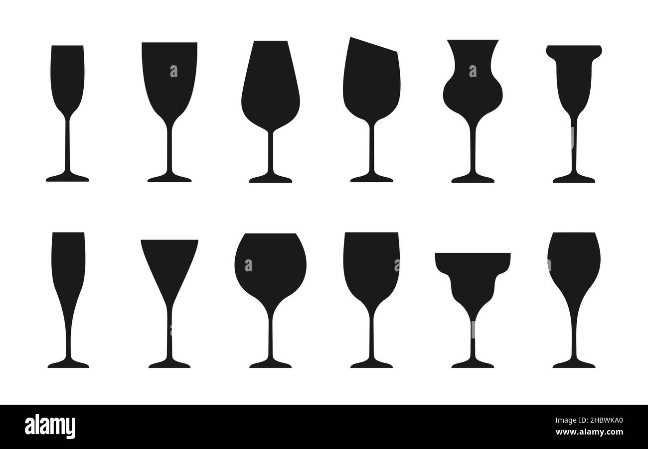 Wine glass line outline silhouette contour icon set in flat style. Sign ...