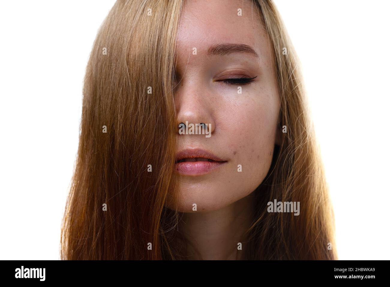 A full face portrait of a young woman against a white background Stock ...