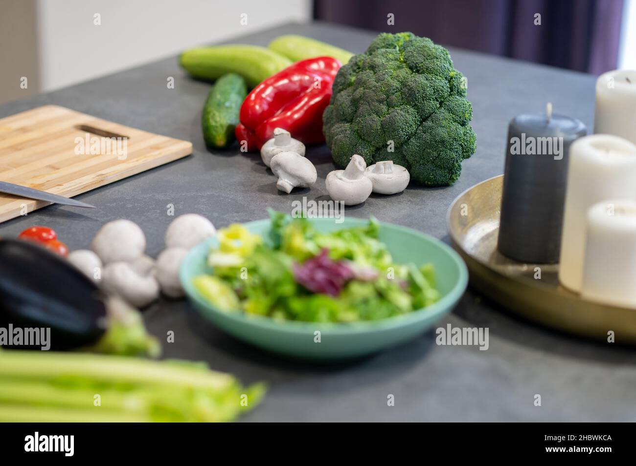 Veggies. Close up of different vegetables on the table Stock Photo - Alamy