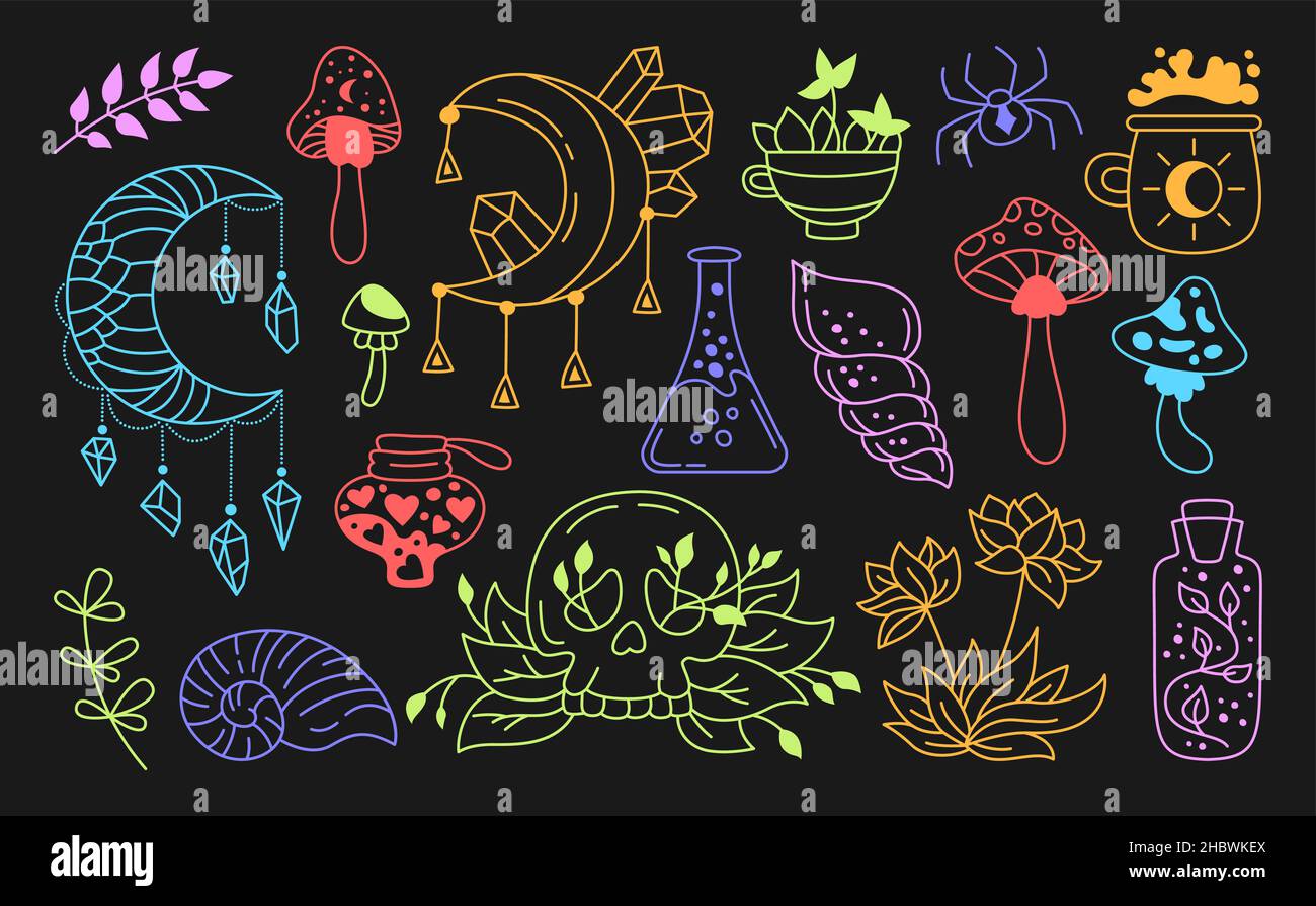 Mystic doodle set, witchcraft symbols crystals, shell, moon, skull. Magician sign alchemy and ...