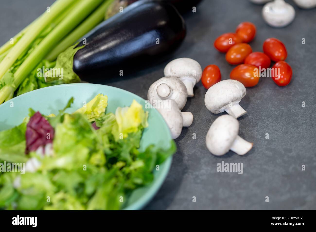 Veggies. Close up of different vegetables on the table Stock Photo - Alamy