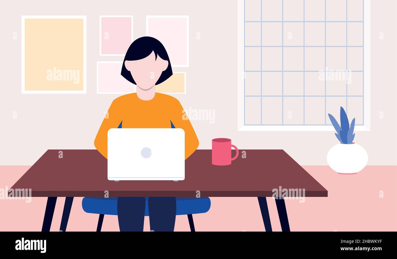 Working at home. Vector illustration with copy space Stock Vector Image ...