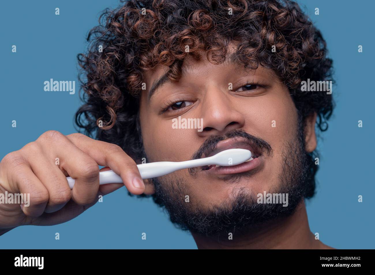 Calm attractive guy cleaning his teeth with a toothbrush Stock Photo ...