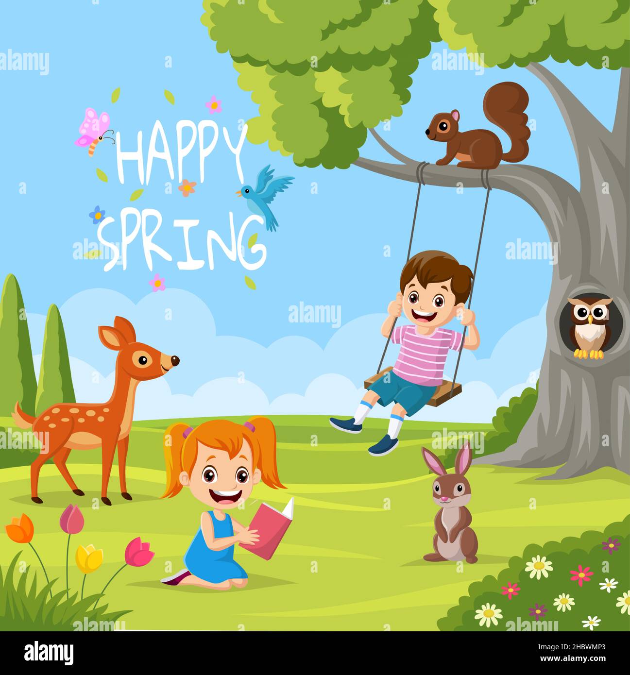 Girl swinging in forest Stock Vector Images - Alamy