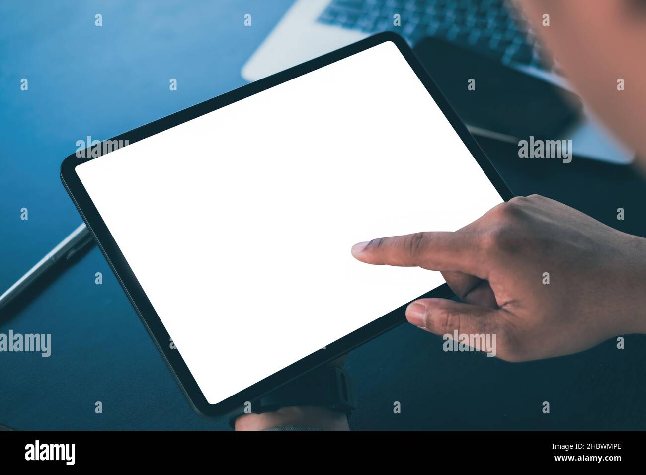 Business man showing digital tablet white screen. Blank screen for your advertising Stock Photo ...