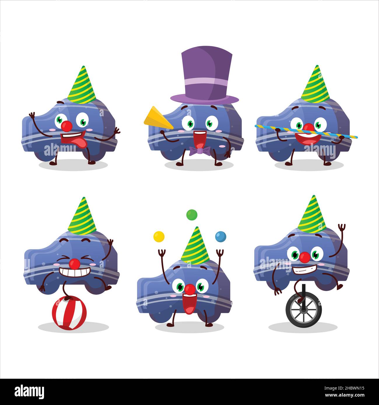 Cartoon character of blue car gummy candy with various circus shows ...